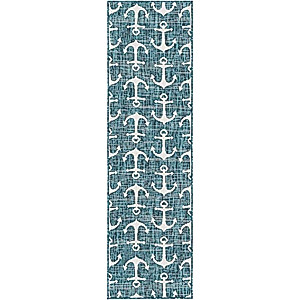 Unique Loom Outdoor Coastal Collection Abstract, Nautical, Anchor, Contemporary, Beach Area Rug (2' 0 x 7' 10 Runner, Teal/Ivory)