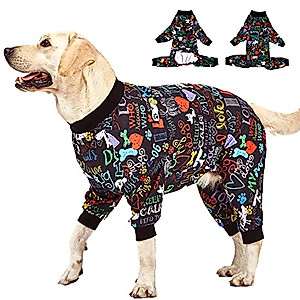 LovinPet Large Dog Pajamas, Wound Care/Post Surgery Shirt, UV Protection, Love My Dog Text on Black Print, UV Protection, Pet Anxiety Relief, Large Dog Onesies, Pet PJ's/Medium