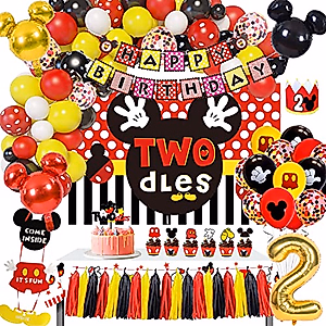PYCALOW Mickey 2nd Birthday Party Supplies Decorations Include Oh Twodles Backdrop, Banner, Balloons Graland Arch, Welcome Hanger, Tablecloth, Hat, Topper, Tassels, Mickey Theme Mouse Party Supplies
