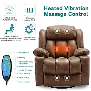 MEETWARM Massage Swivel Rocker Recliner with Heat and Vibration, Manual Glider Rocking Recliner Chair, 360°Swivel Lounge Reclining Chair with USB Ports/Cup Holder/Remote Control(Brown)
