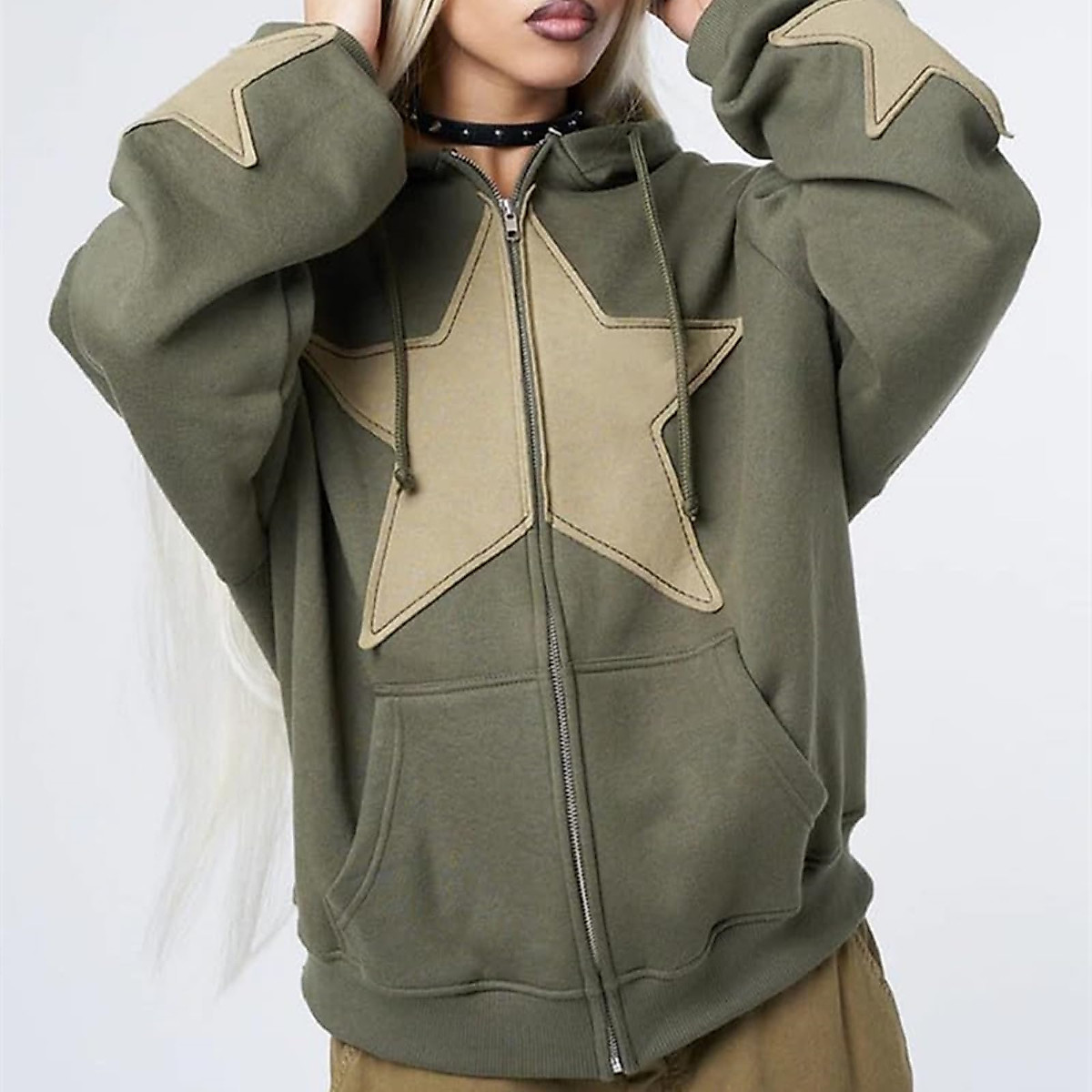Karwuiio Women Y2k Zip Up Hoodies Star Graphic Long Sleeve Jackets Hip Hop Harajuku Oversized Hooded Sweatshirt(Gray Green,L)
