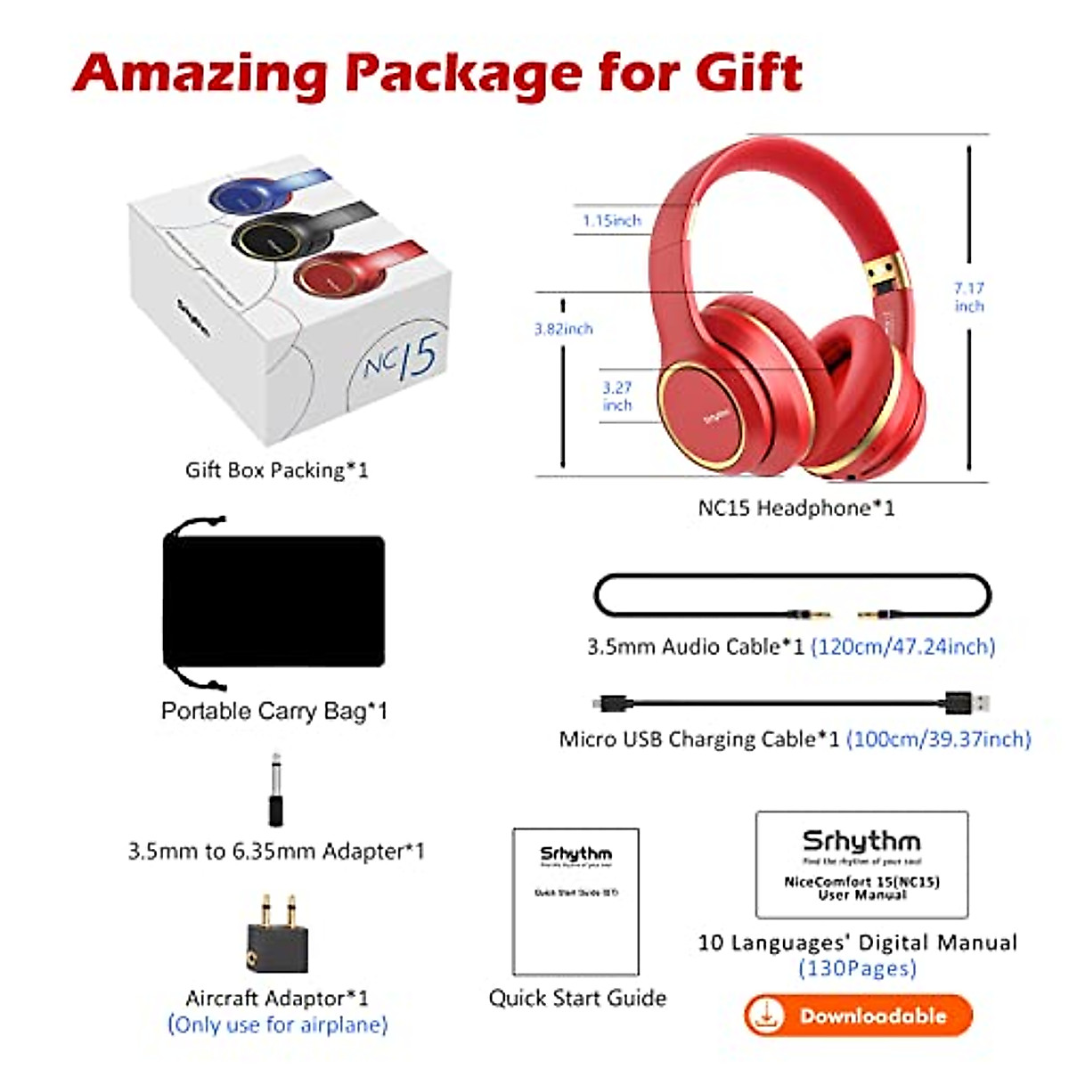 Srhythm NC15 Noise Cancelling Headphones Bluetooth Over-Ear Headset with Mic for Teens, Adults Online Class/Home Office/TV/PC/Phone