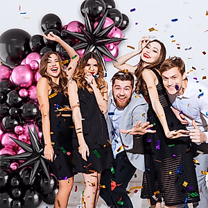 Hot Pink and Black Balloon Arch Kit, 5 10 18 Inch Birthday Party Balloons, Metallic Magenta Black Garland Kit with 2 Black Explosion Star Balloons, DIY Balloon Arch for Birthday Party Decoration