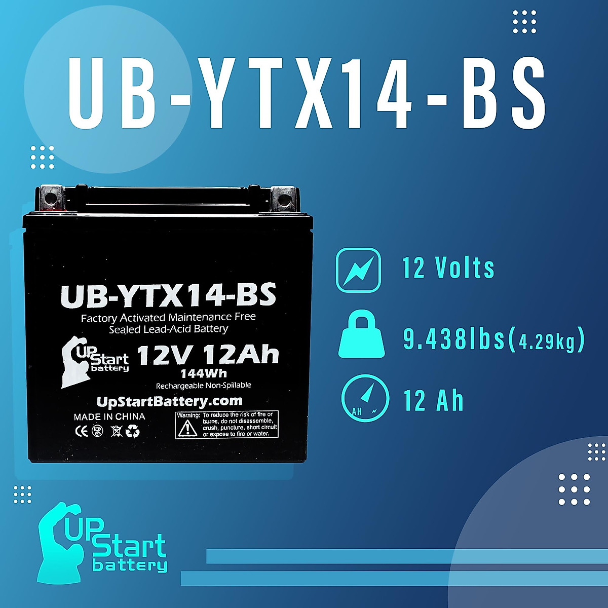 Replacement for 2003 Honda TRX350 Rancher 350 CC Factory Activated, Maintenance Free, ATV Battery - 12V, 12AH, UB-YTX14-BS