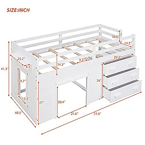 DEYOBED Wooden Twin Size Loft Bed Frame with Bedside Shelf, Storage Cabinet, Safety Guardrail and Ladder, for Kids Teens Boys Girls Bedroom, White