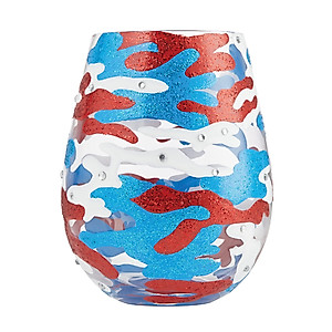 Enesco Designs by Lolita Patriotic Camoflauge Hand-Painted Artisan Stemless Wine Glass, 20 Ounce, Multicolor