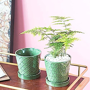 BUYMAX Plant Pots Indoor –5 inch Ceramic Flower Pot with Drainage Hole and Ceramic Tray - Gardening Home Desktop Office Windowsill Decoration Gift, Set of 4-Plants NOT Included (Patina)
