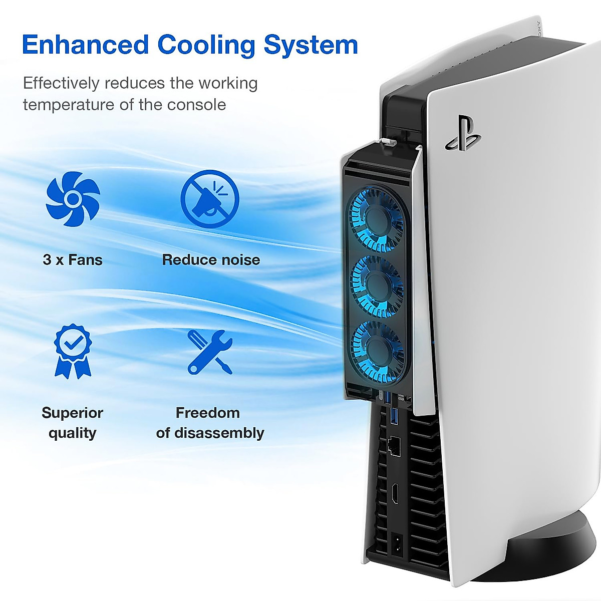 PS5 Cooling Fan, MEQI PS5 Accessories Upgraded Quiet Cooler Fan with LED Light & USB 3.0 Hubs, Efficient Cooling Station for Playstation 5 Disc/Digital Edition
