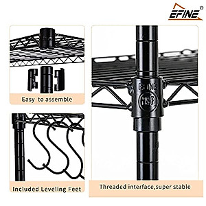 EFINE 4-Shelf Shelving Unit with 8 Hooks and 4-Shelf Liners, NSF Certified, Adjustable Metal Wire Shelves, Shelving Rack and Storage for Kitchen Laundry Bathroom Pantry Closet(23.6W x 14D x 47H) Black
