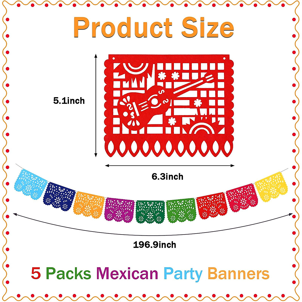 SEPGLITTER 5 Packs Mexican Party Banners, Felt Fiesta Banner Papel Picado Banners Cinco de Mayo Dia De Los Muertos Decor for Day of The Dead Wedding and Mexican Theme Party Supplies