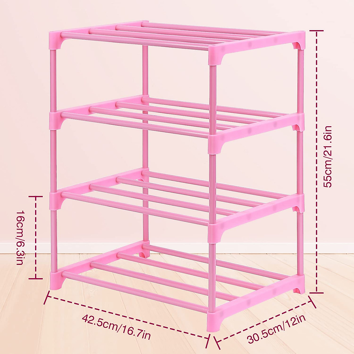 HITHIM 4-Tier Free Standing Shoe Racks for 6-8 Pairs Shoe Storage,Kids Shoe Racks for Small Place,Lightweight Stackable Shoe Shelf Organizer for Entryway, Doorway and Closet,Pink