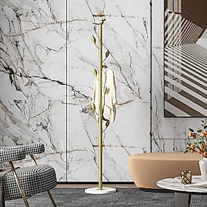 Julenshion Metal Coat Rack Freestanding Coat Tree Clothes Stand with 6 Hooks,Top with Bird, Marble Base for Coats Hats Bags Purses Entryway Hallway Bedroom(Gold