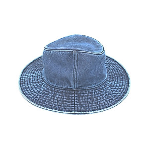 WITHMOONS Denim Fedora Hat Plain Stitch Washed Short Wide Brim Panama Hat KR61009 (SkyBlue)