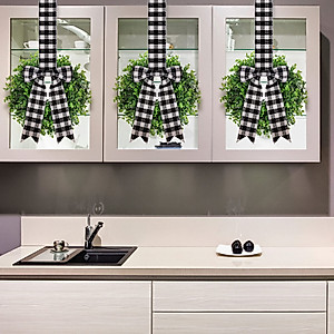 Artificial Eucalyptus Wreath Greenery Hanging Wreath Kitchen Cabinet Wreath with Buffalo Plaid Bow Black and White Check Bow for Christmas Front Door Home Wall Porch Patio Garden Decor