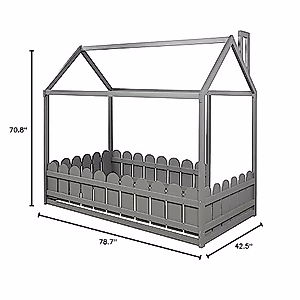 House Bed Frames with Pine Wood Roof and Fence for Kids, Teens, Boys or Girls, Box Spring Needed(Slats Kit Not Included) Platform, Twin, Gray