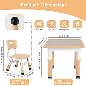 Arlopu Big Kids Study Table and 4 Chair Set, Height Adjustable Toddler Table and Chair Set for 4, Multifunctional Toddler Table, Reading, Drawing, Eating Interaction (Beige)