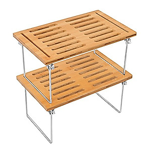 BIRDROCK HOME 2 Pack Kitchen Stacking Utility Shelf - Bamboo - 2 Shelves - Cabinet Closet Organizer and Storage - Small