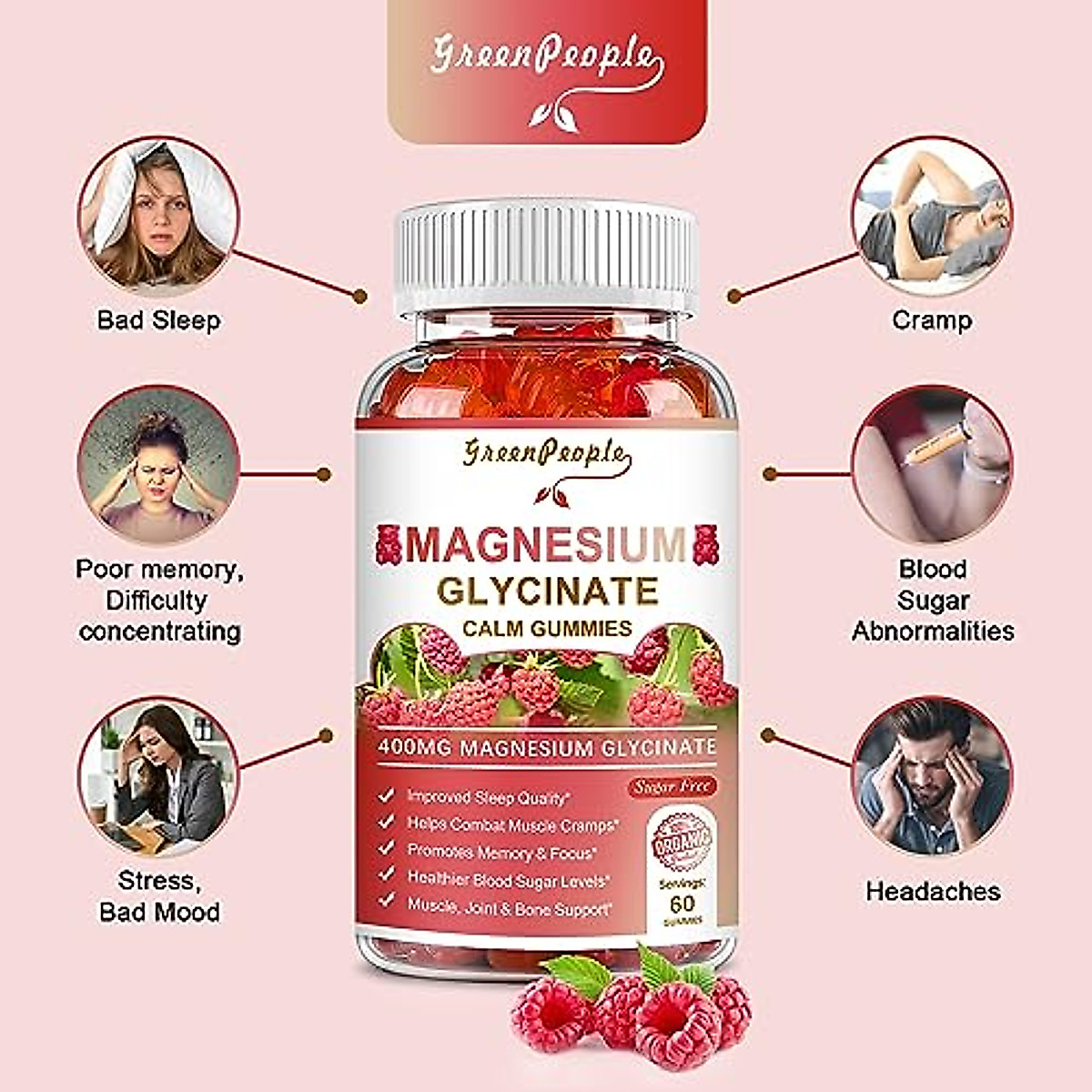 Magnesium Glycinate Gummies 400mg - Sugar Free Magnesium Potassium Supplement with Vitamin D, B6, CoQ10 for Calm Mood & Sleep Support - 60 Raspberry Gummies