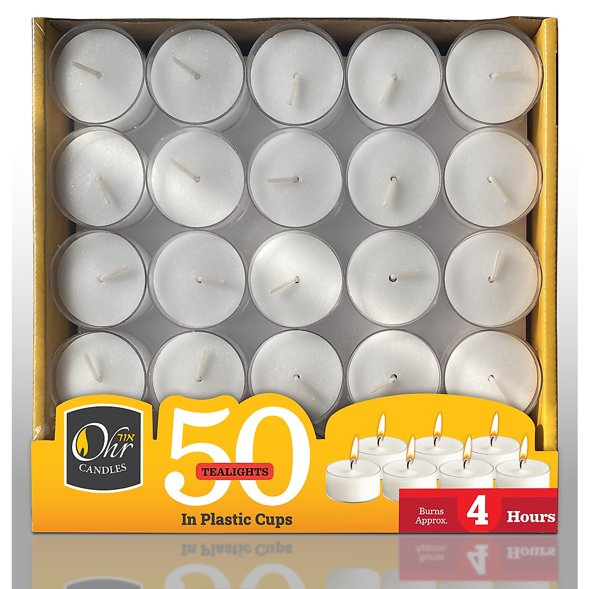 Ohr Tealight Candles in Clear Cup - 50 Pack Bulk Tea Lights Candles - White Tealights Unscented - 4 Hour Burn Time