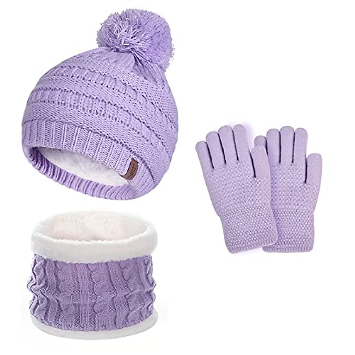 Kids Winter Beanie Hat Toddler Gloves Girls Infinity Scarf Youth Neck Warmer Warm Fleece Pom Cap Purple Thermal Knit Set 6-10 Years Old, Gorros Gorras Bufandas Para Niñas Niños, Gifts for Childrens