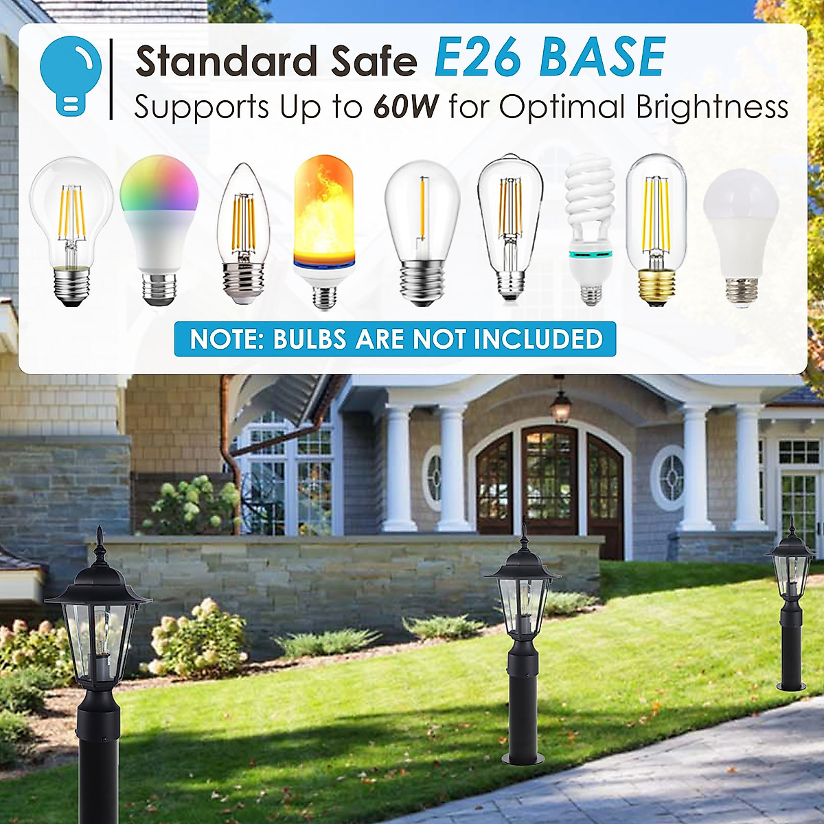 GRUENLICH Outdoor Post Lighting Fixture Pole Lantern, E26 Medium Base Max 60W, Aluminum Housing Plus Glass, Bulb Not Included, Black Finish, 1 Pack