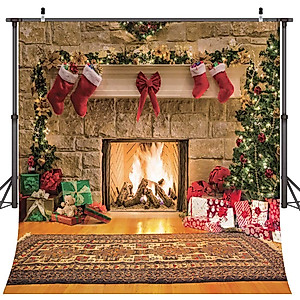 CYLYH 10x10 ft Christmas Photography Backdrops Christmas Fireplace Backdrop Child Christmas Party Decoration Background 087