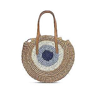 Straw Bag Round Woven Zippered Shoulder Bag Crossbody Bags Handwoven Handbags Evil Eye-khaki