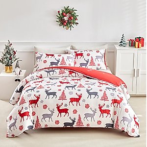 Rvciby Christmas Reindeer Duvet Cover Full Size,Soft and Breathable Microfiber Xmas Trees Pattern Printed Bedding Set,3 Pieces,1 Duvet Cover with Zipper Closure & Corner Ties and 2 Pillow Shams