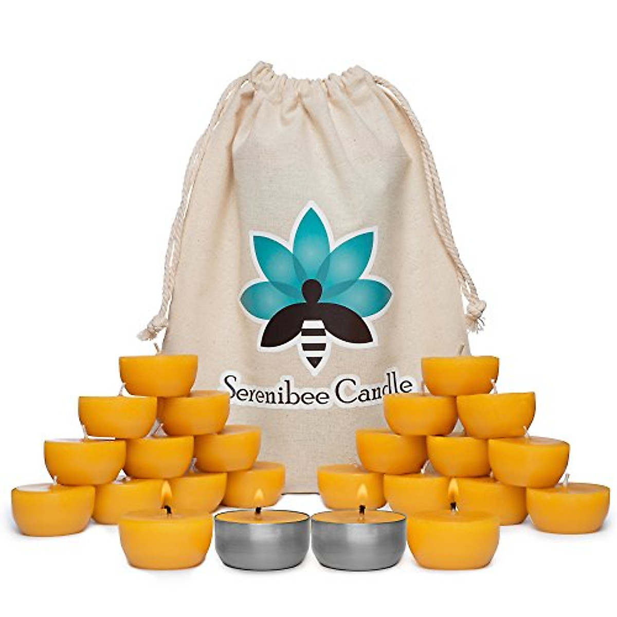 Beeswax Tea Light Candles Refills with Two Custom Reusable Sturdy Steel Candle Holders and Reusable Cotton Bag Eco Friendly Gift Set(24)