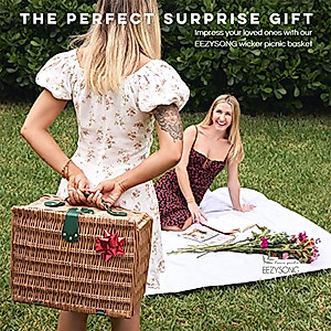 Handmade Wicker Picnic Basket for 2 with Insulated Cooler, Ceramic Plates, Utensils & Wine Glasses - Perfect Picnic Set for Camping, Outdoors, Photoshoot, or a Birthday, Valentine’s Day, Wedding Gift