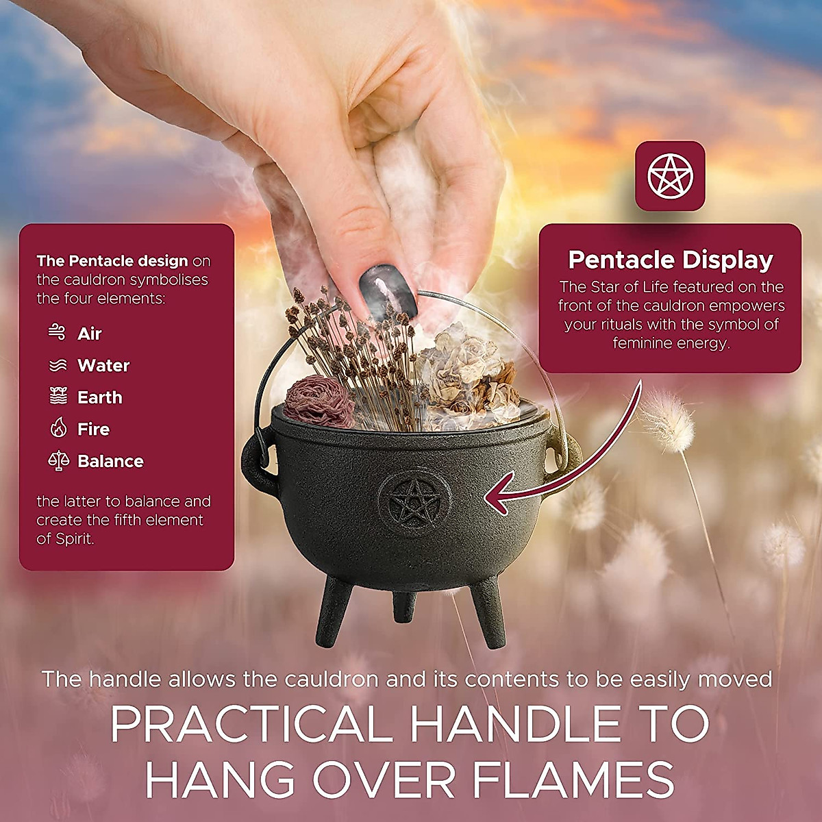 Mini Cauldron Cast Iron with Lid - Witchcraft Altar Supplies, Wicca Herbs Incense Burner, Suitable for Larger Potions