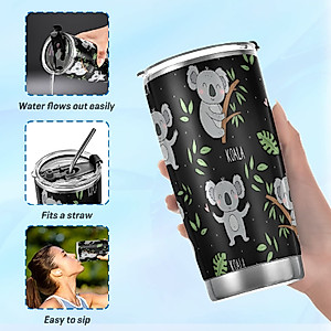 Yasala Tumbler Funny Koala Bear Summer Leaves Insulated Office Coffee Cup Back to School Beverage Container Travel Mug with Straw and Lid Double Wall Stainless Steel 20oz