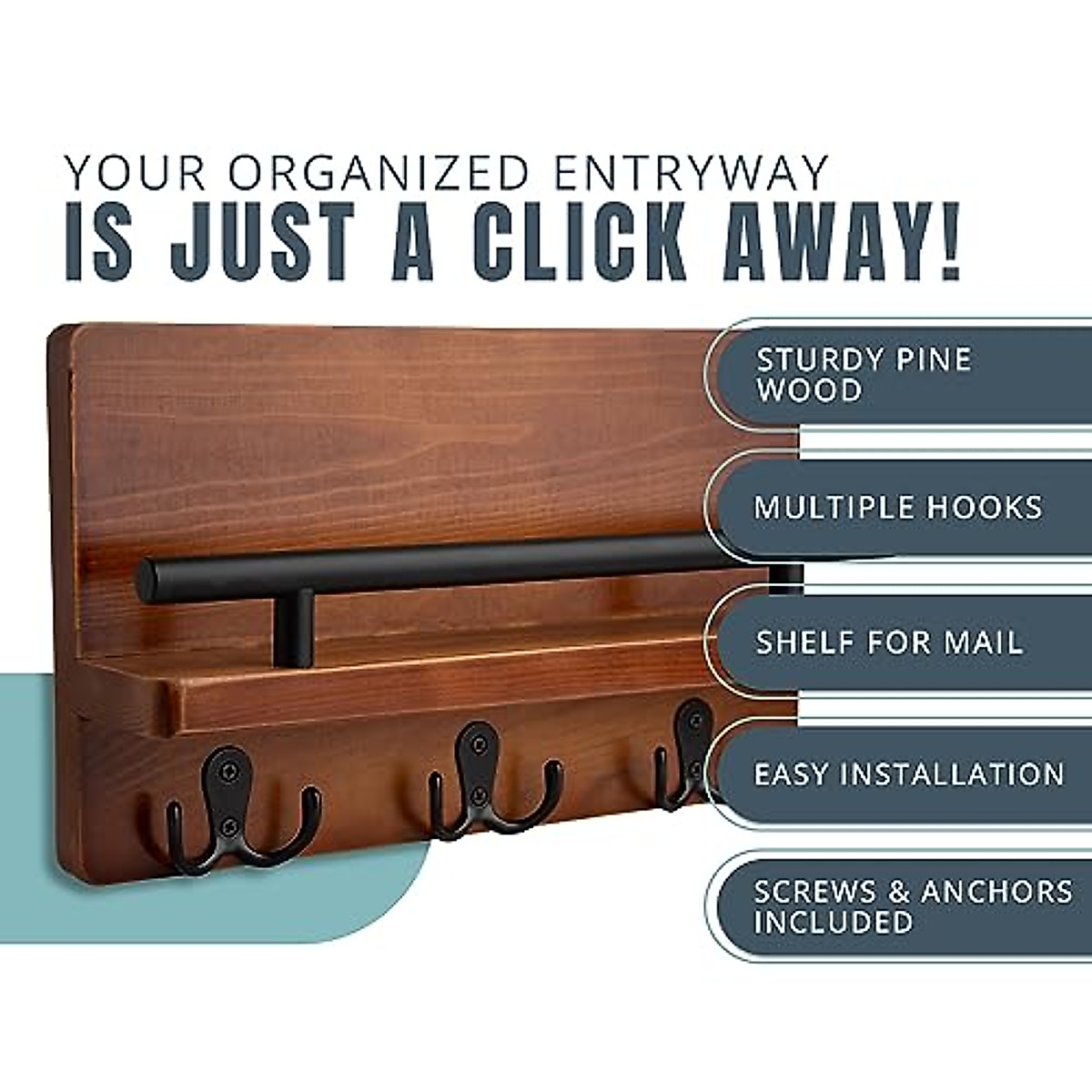 Comfify Natural Pine Wood Key Holder for Wall - Modern Decorative Finish with Metal Key Hooks and Mail Organizer/Sorter Slot - White