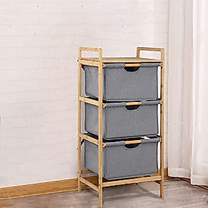 Bamboo Laundry Hamper Shelf with 3 Pull Out Drawers Baskets Freestanding Storage Shelf with Removable Sliding Bags & Shelf for Bathroom Bedroom Clothes Organize (Style1)