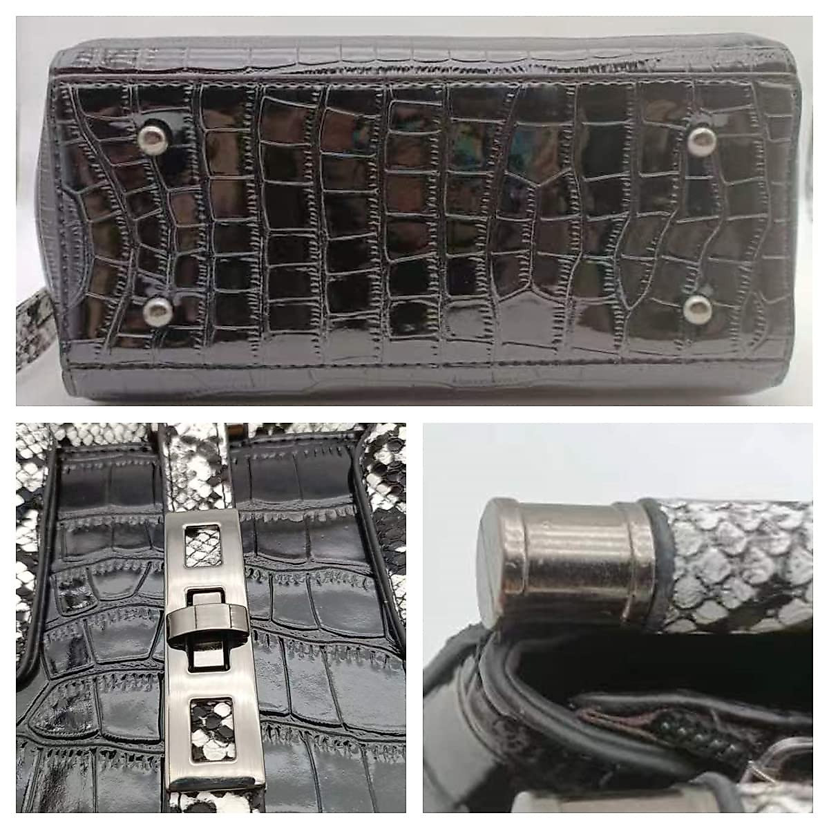 WIGUYUN Women Patent Faux Leather Satchel Handbag Crocodile Tote Purse Snakeskin Handle Shoulder Bag,Gift for Wife/Mom,Black