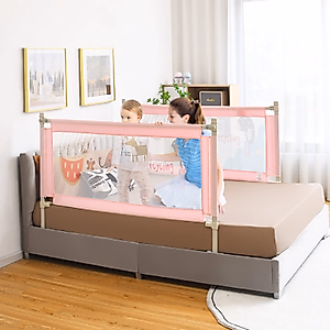 BABY JOY Bed Rail for Toddlers, 57’’ Extra Long, Height Adjustable & Foldable Baby Bed Rail Guard w/Breathable Mesh & Double Safety Child Lock for Kids Twin Double Full Size Queen King Mattress, Pink