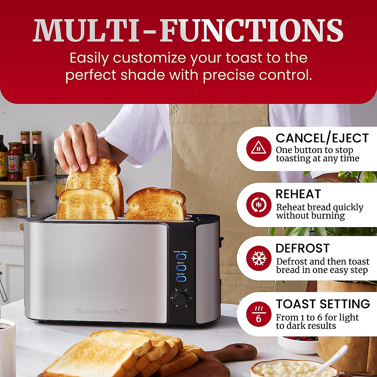 Elite Gourmet ECT-3100 Long Slot 4 Slice Toaster, Reheat, 6 Toast Settings, Defrost, Cancel Functions, Built-in Warming Rack, Extra Wide Slots for Bagels & Waffles, Stainless Steel & Black