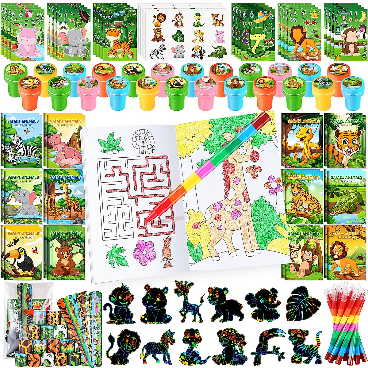 BenLouis 96Pcs Jungle Safari Party Favors Zoo Animals Coloring Books Crayons Sticker Stampers Slap Bracelets Set Bulk Classroom Prizes for Kids Wild One Party Baby Shower Goodie Bags Fillers