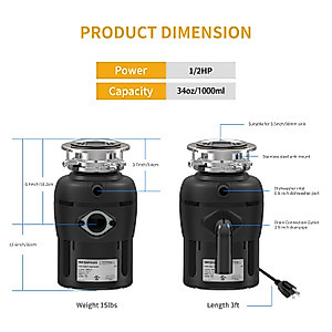 MAX DISPOSER Garbage Disposal 1/2 HP Easy install Quiet with Stopper Power Cord, Kitchen sink Food Waste Disposer Continuous Feed, Stainless Steel Grind Half Horsepower AC Motor Unit (MAX-3)