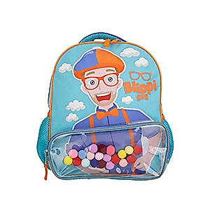 Blippi Backpack with Sound for Boys and Girls, Clear Front Pocket and Mesh Side Pockets, Toddler’s Schoolbag with Padded Back and Adjustable Straps, Versatile Day Pack for Kids, Blue and Orange