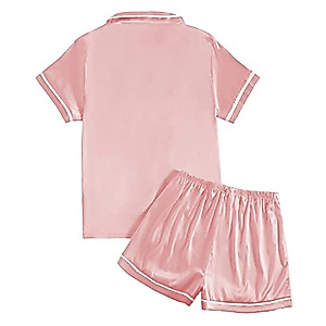 LYANER Women's Satin Silky Short Sleeve Button Shirt Sleepwear 2Piece Pajama Set Coral Pink Small