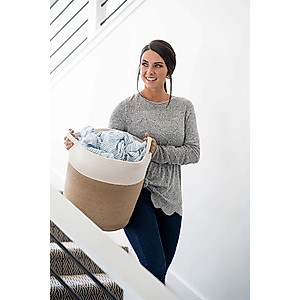 Little Hippo 2pc Large Cotton Rope Basket, White (16"x15") 100% Natural Cotton! Laundry Basket, Woven Storage Basket, Blanket Basket Living Room, Toy Storage Basket, Pillow Basket, Round Basket