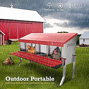 SPITHA Chicken Nesting Box - 4 Hole, Compartment Poultry Galvanized Stainless Steel and Plastic with Perch Nest Boxes Laying Egg Roll Out Up to 20 Hens for Chickens Coops with Lid to Protect Eggs.