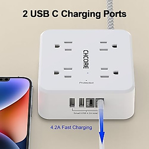 Surge Protector Power Strip - CHCORE 5Ft Braided Extension Cord with 8 Outlets with 4 USB (2 USB C) Charging Ports, Flat Plug Multi Plug Outlet Extender Charging Station for Home Office, ETL, White