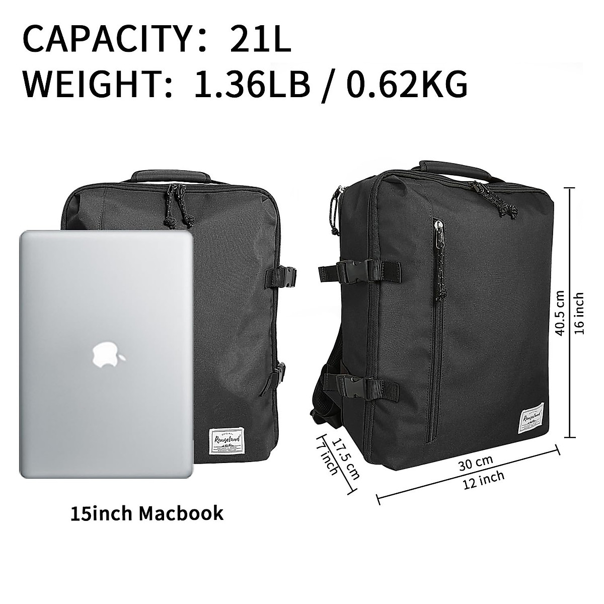 Rangeland New Business Trip Backpack 21L Flight Approved Carry on Daypack 15-inch Laptop Notebook, School Commute Gym Sport, All Black