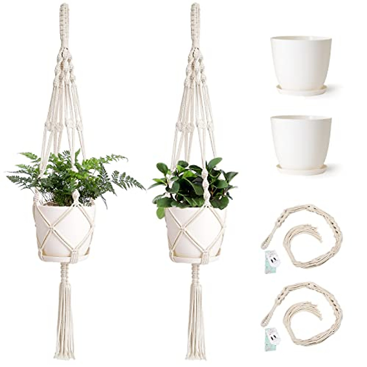 Mkono Macrame Plant Hangers with Pots Indoor Set of 2 Hanging Planters Holder 6.5 Inch Plastic Planter Included Self Watering Hanging Pots for Plants with Saucers & Perforated Insert, 41 Inch