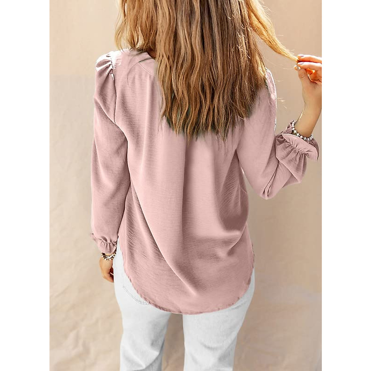 Dokotoo Womens Ladies Elegant Bell Long Sleeve Summer Fall Tops Square Neck Button Down Chiffon Office Work Shirts and Blouses for Women Fashion 2023 Casual Loose Shirts Pink Medium