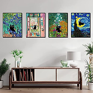 Adult & Kids 5D Diamond Painting Set - 4 Pieces, Round Diamond Digital Painting Kit, DIY Beginner Black Cat Diamond Art Kit, Matisse Van Gogh Living Room Bedroom Decoration (11.8x15.7)