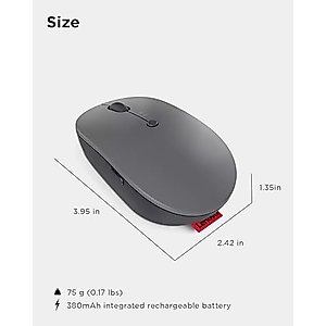 Lenovo Go Multi-Device Wireless Mouse, 2.4GHz Nano USB-C Receiver, Bluetooth, Adjustable DPI, USB-C Rechargeable Battery, Qi Wireless Charging, Ambidextrous, GY51C21211, Grey