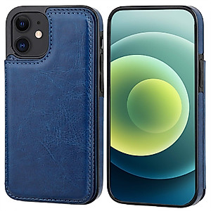 ONETOP Compatible with iPhone 12 Mini Wallet Case with Card Holder, PU Leather Kickstand Card Slots Case, Double Magnetic Clasp and Durable Shockproof Cover 5.4 Inch(Blue)